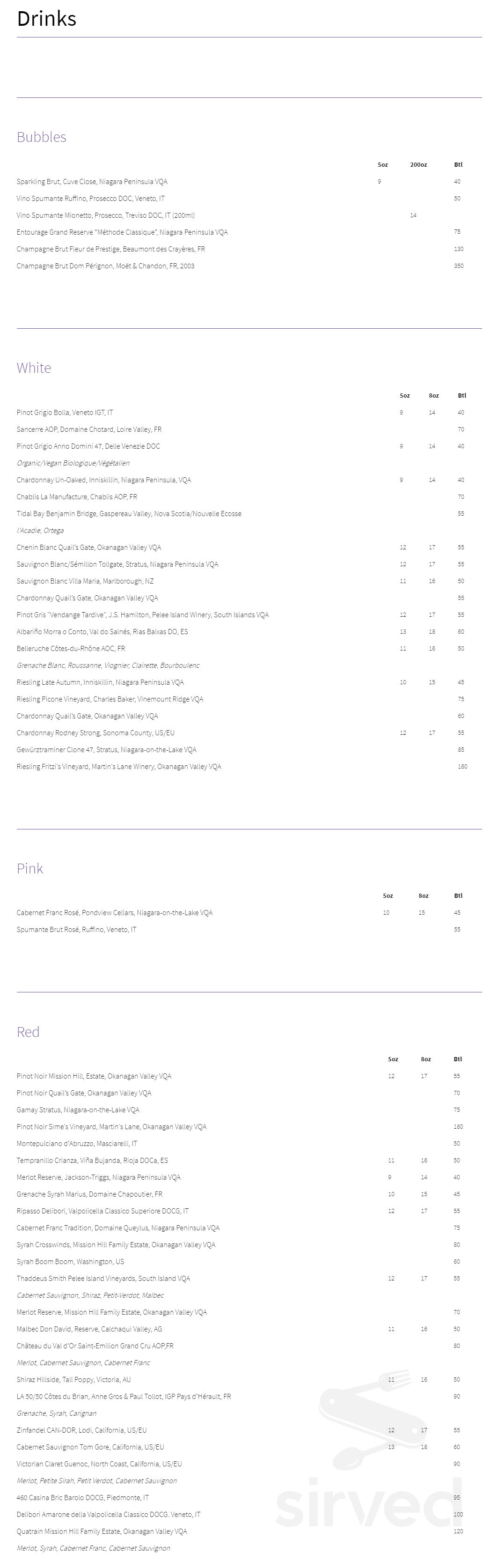 1 Elgin Restaurant menu in Ottawa, Ontario, Canada