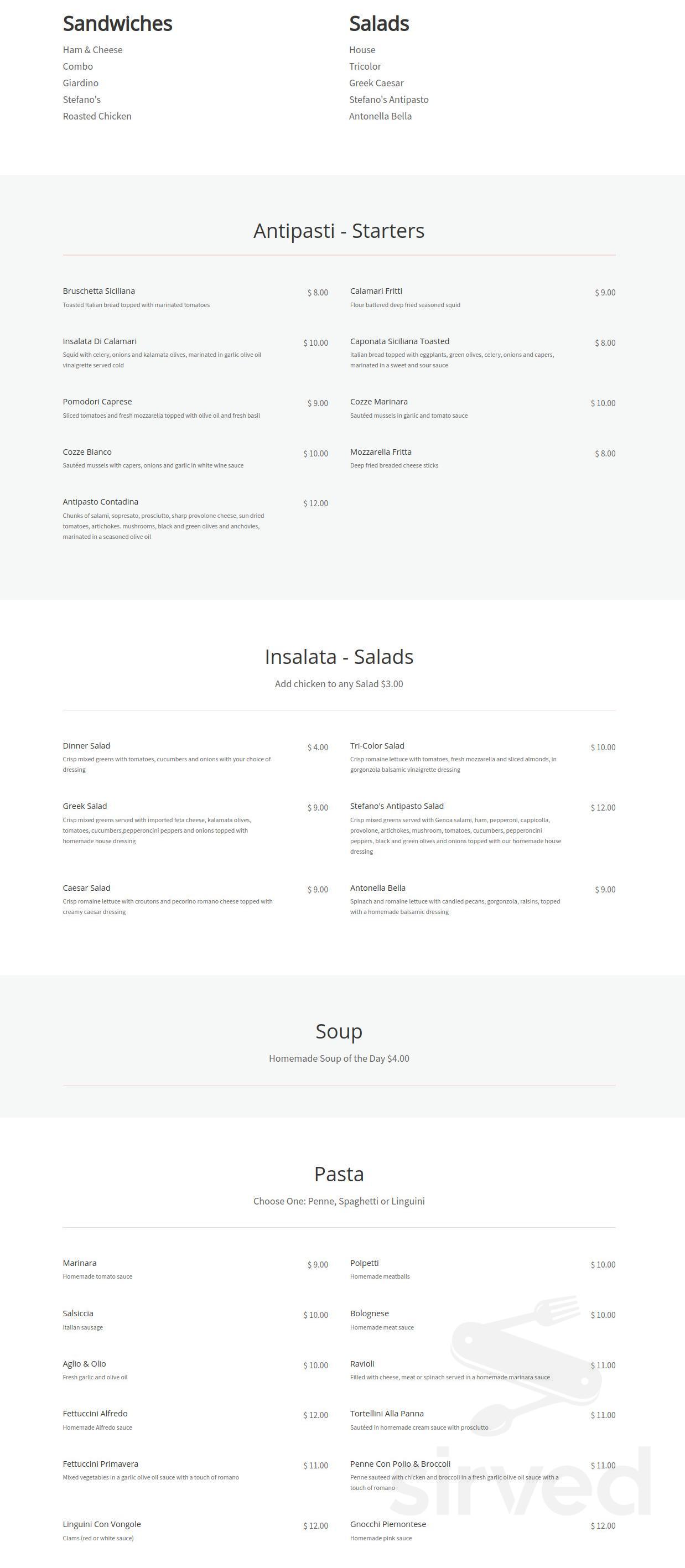 Stefano's Trattoria menu in Winter Springs, Florida, USA