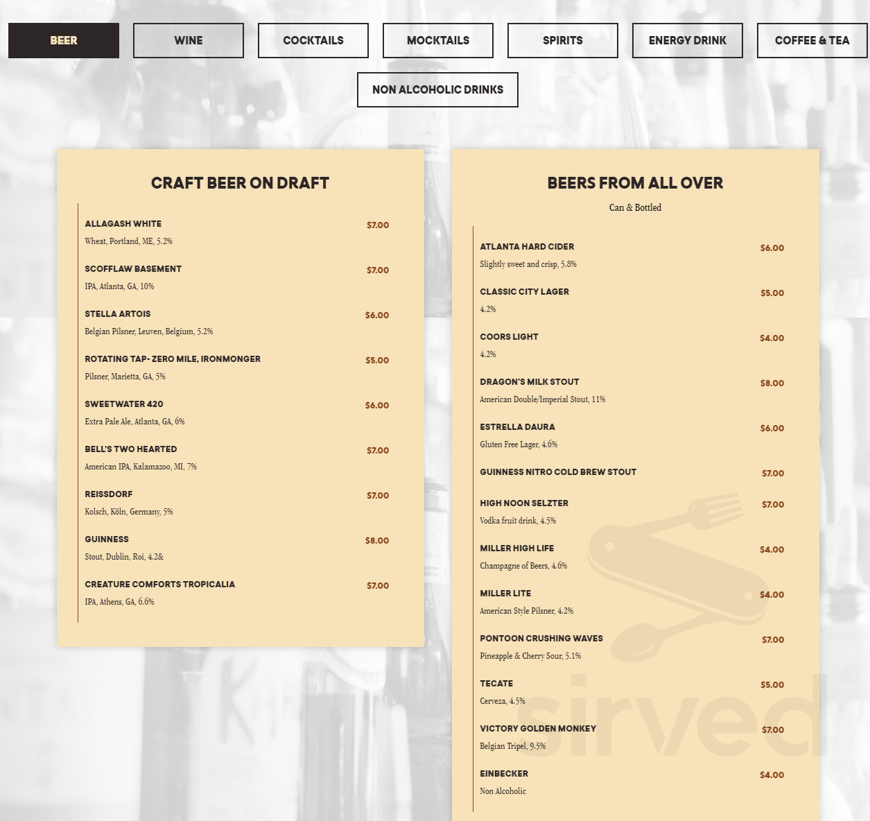 Menu - Atlanta GA's Bantam Pub | Sirved