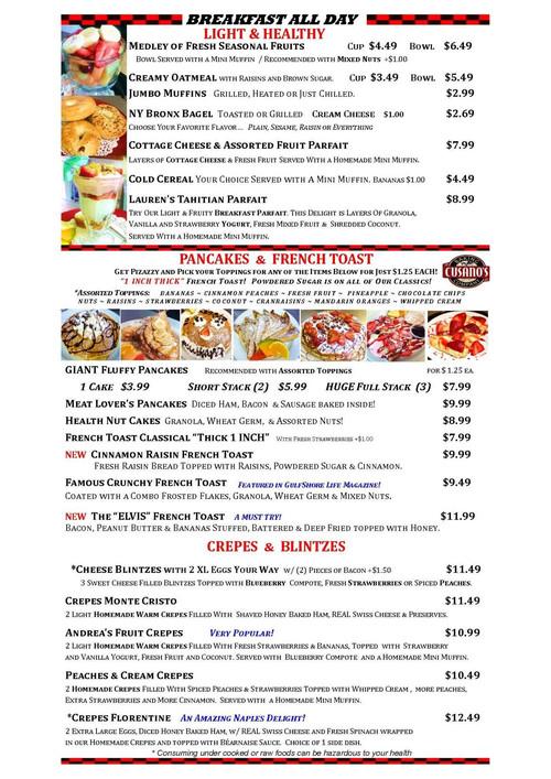 Joe's Diner menu in Naples, Florida, USA