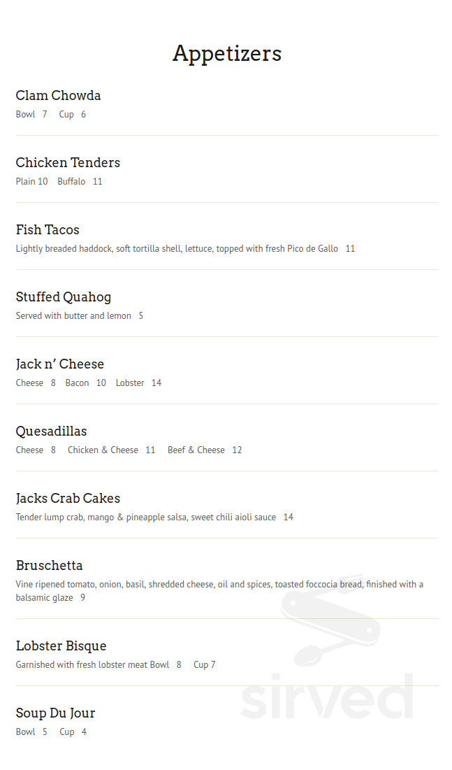 Jacks Restaurant & Bar menu in Falmouth, Massachusetts, USA