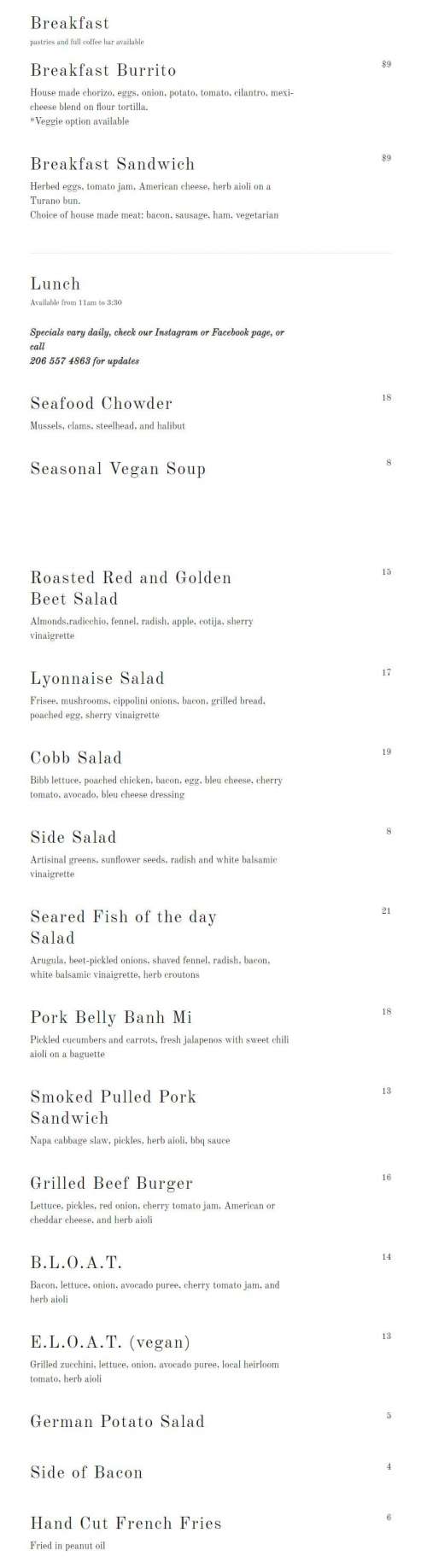Osprey Bistro menu in Seattle, Washington, USA