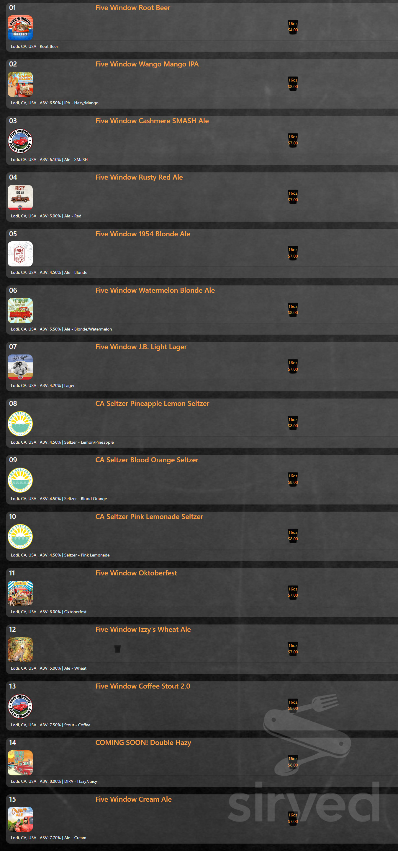 Five Window Beer Co. menu in Lodi, California, USA