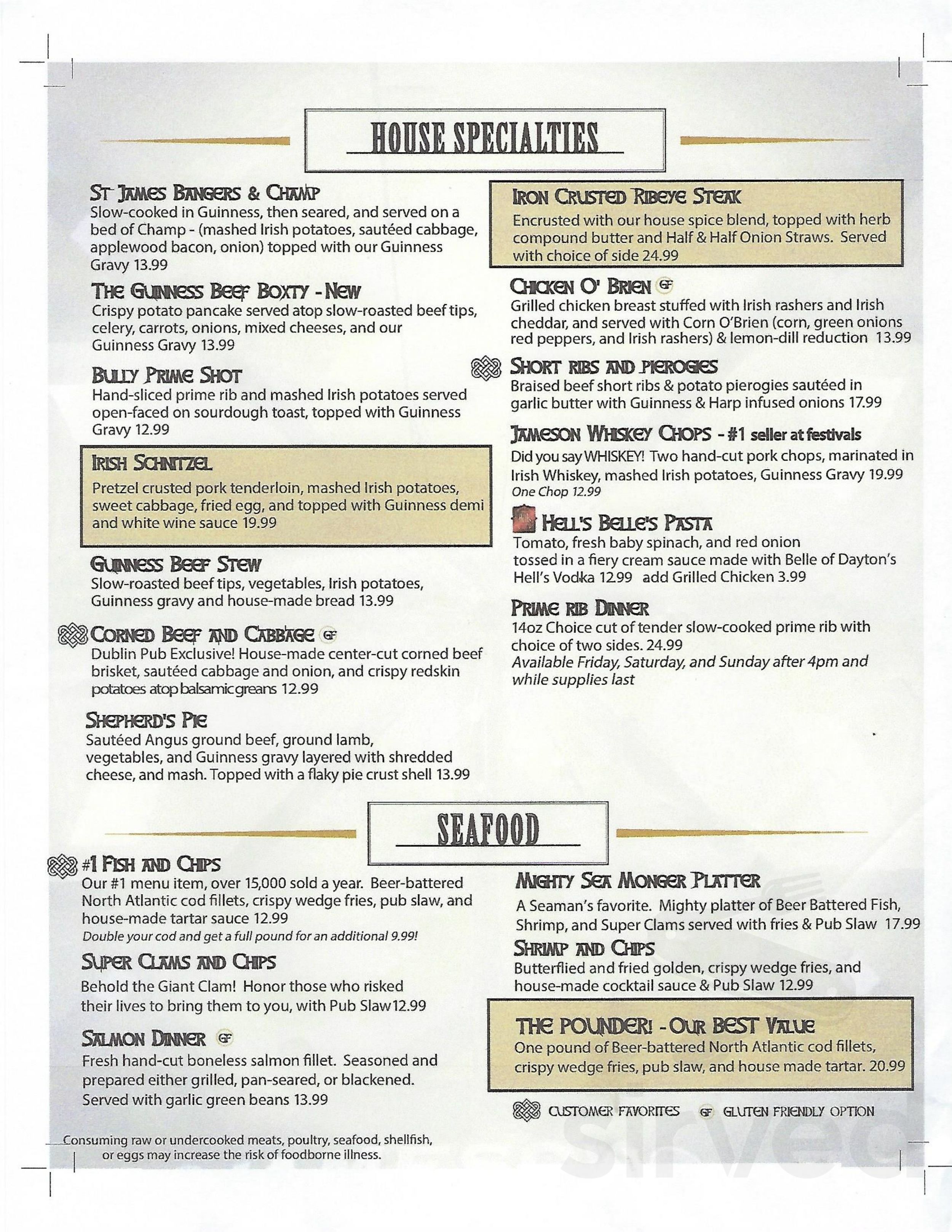Dublin Pub menu in Dayton, Ohio, USA