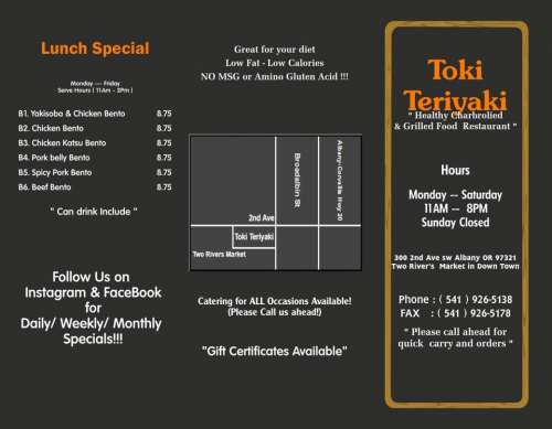 Toki Teriyaki menu in Albany, Oregon, USA