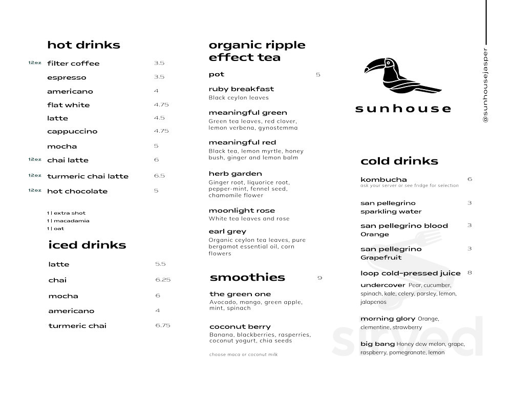 Menu for Sunhouse Cafe in Jasper, AB | Sirved