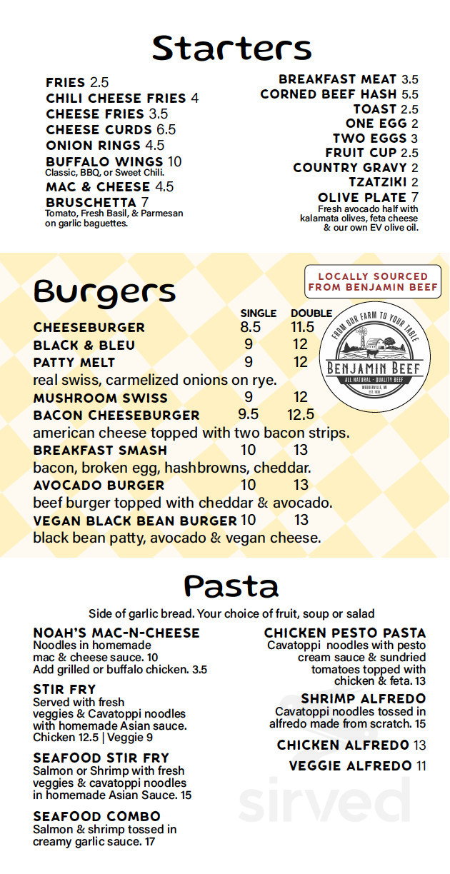 Noah's Nook menu in Webberville, Michigan, USA