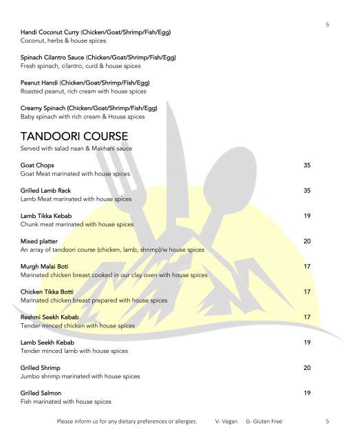 Himalayan Taj menu in Houston, Texas, USA