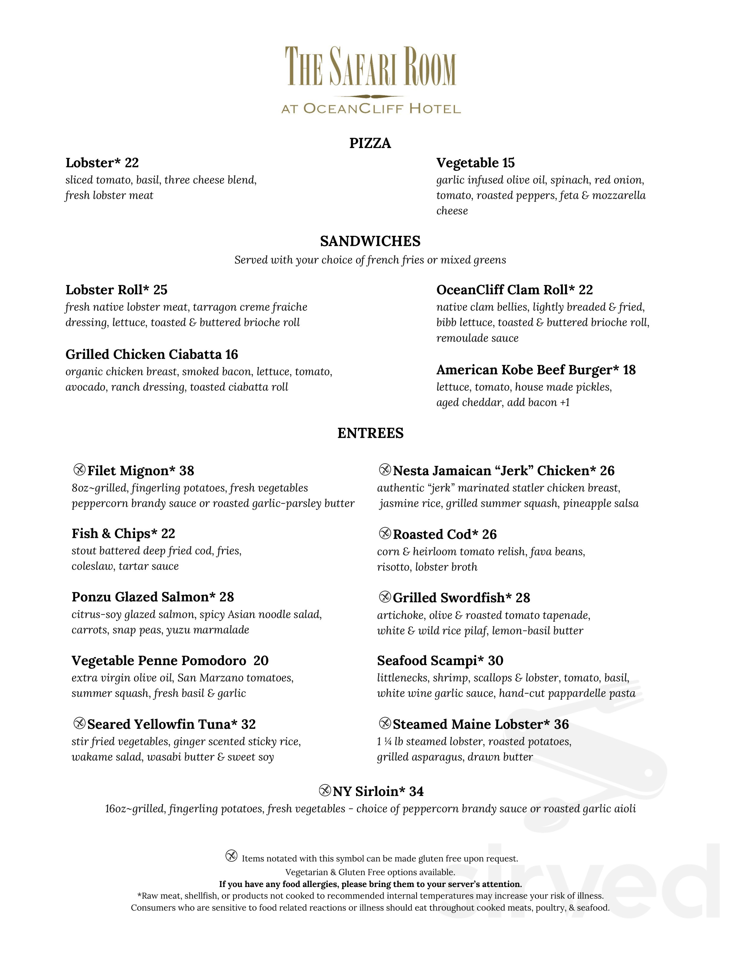 Safari Room Restaurant menu in Newport, Rhode Island, USA