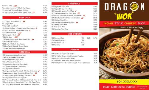 Dragon Wok menu in Surrey, British Columbia, Canada