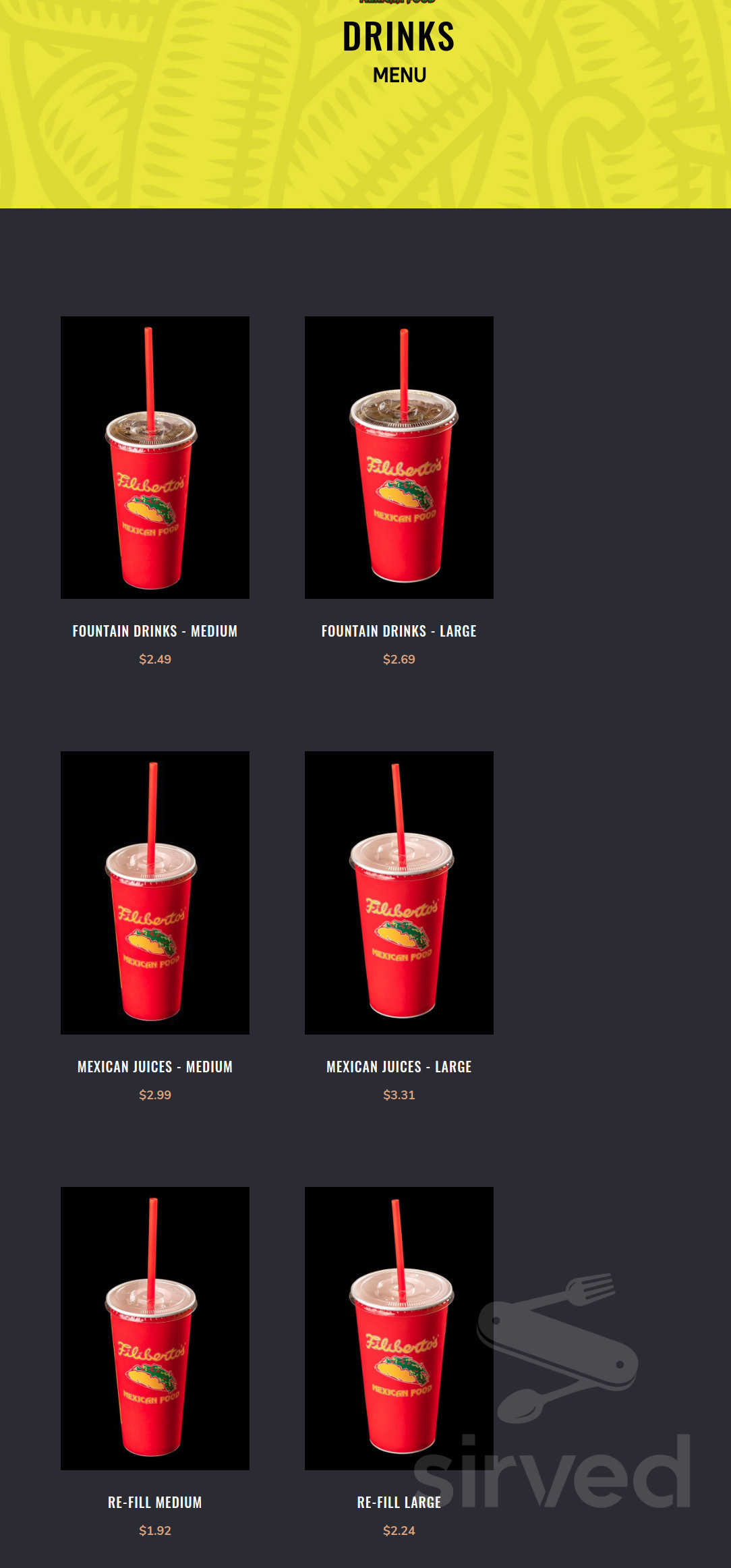 Filiberto’s Mexican Food menus in Tucson, Arizona, United States