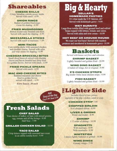 Zellar's Restaurant menu in Newberry, Michigan, USA