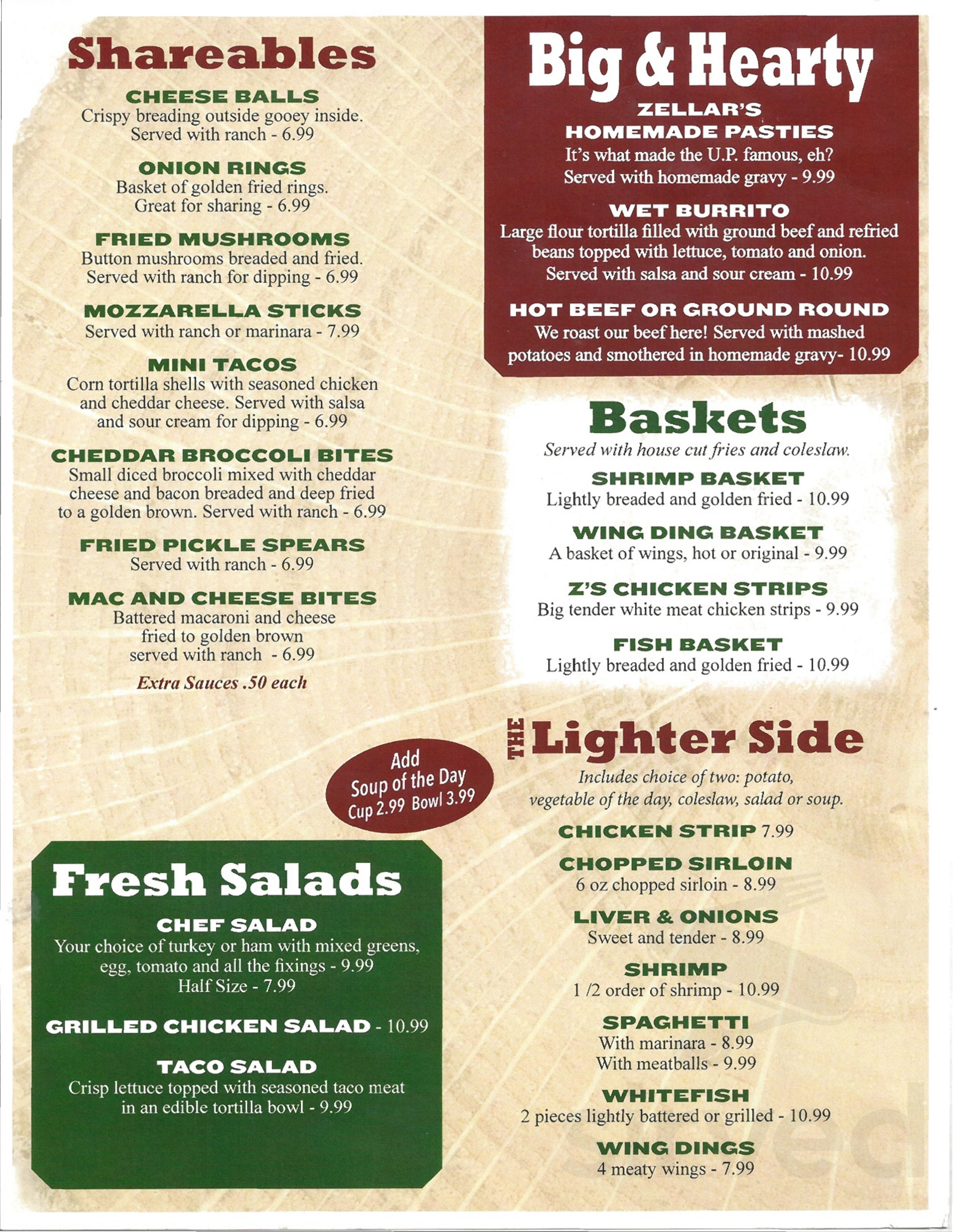 Zellar's Restaurant menu in Newberry, Michigan, USA