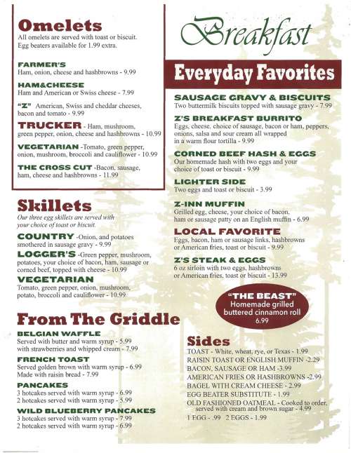 Zellar's Restaurant menu in Newberry, Michigan, USA