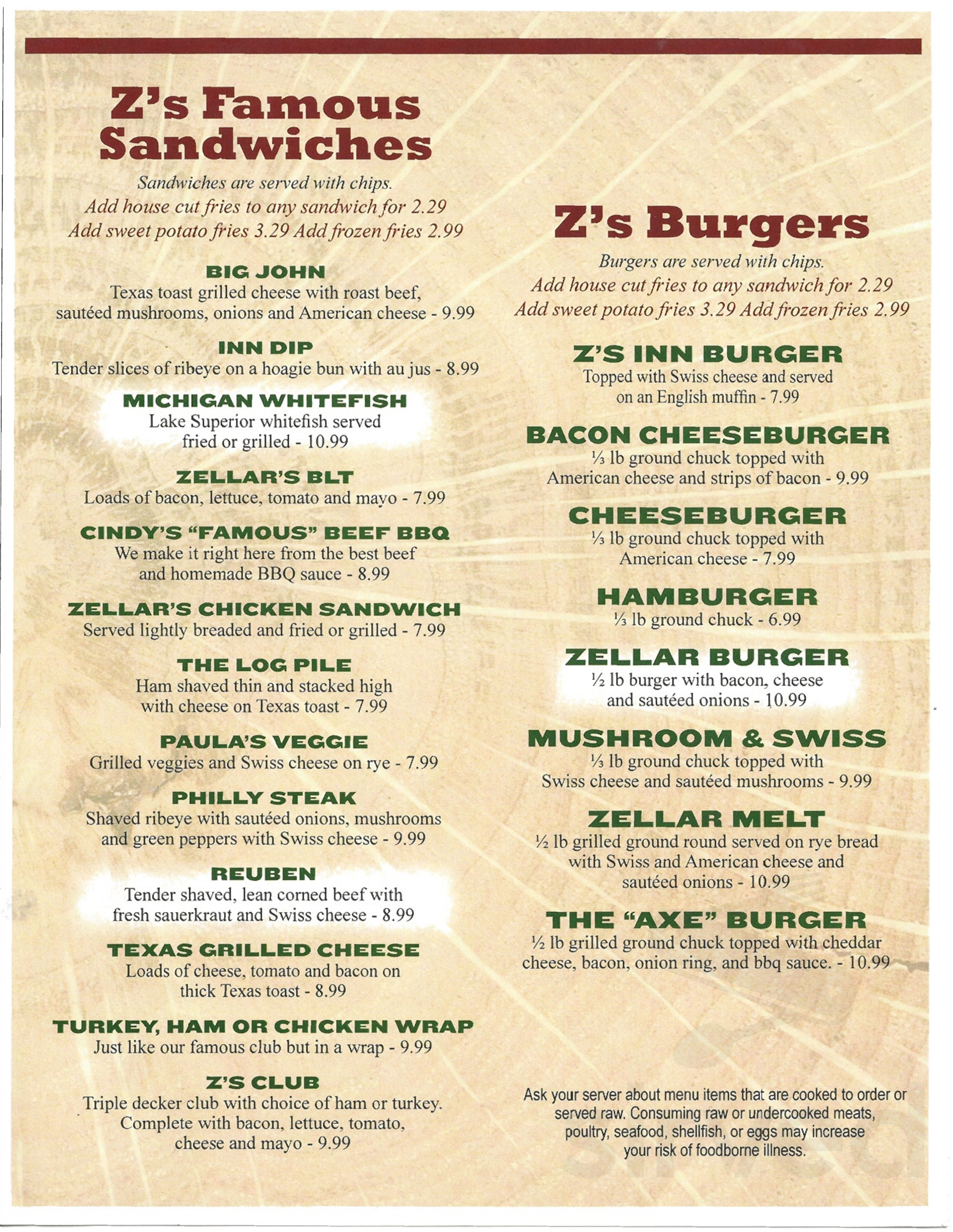 Zellar's Restaurant menu in Newberry, Michigan, USA