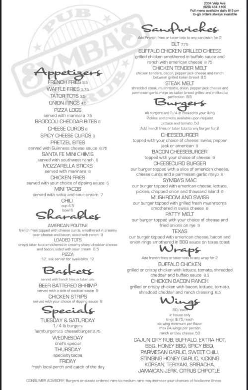 Symba's Pub & Grub menu in Green Bay, Wisconsin, USA