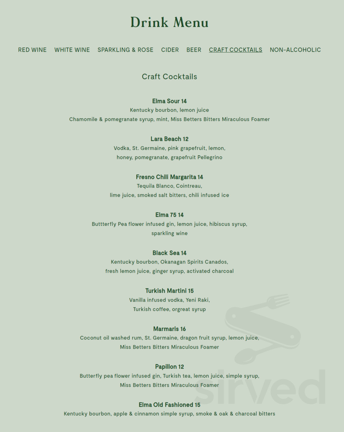 Elma menu in Penticton, British Columbia, Canada