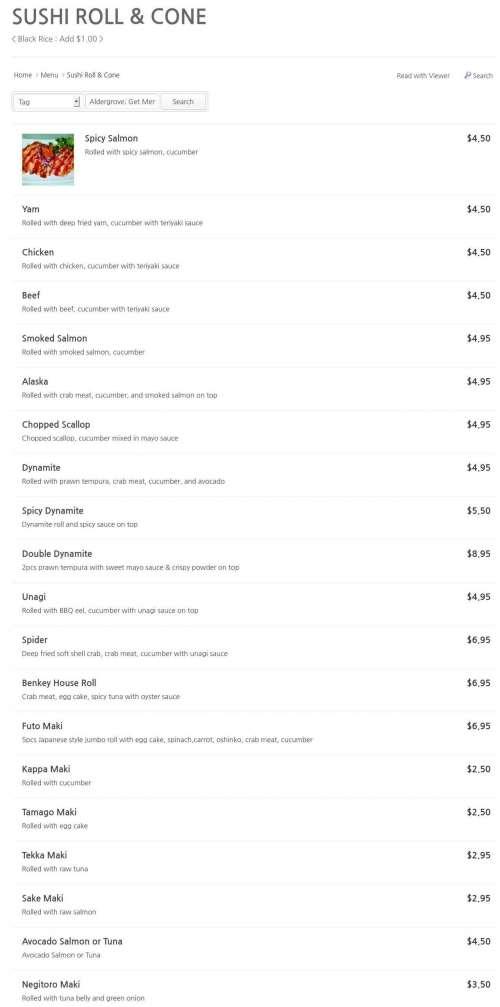 Benkey Sushi menu in Aldergrove, British Columbia, Canada