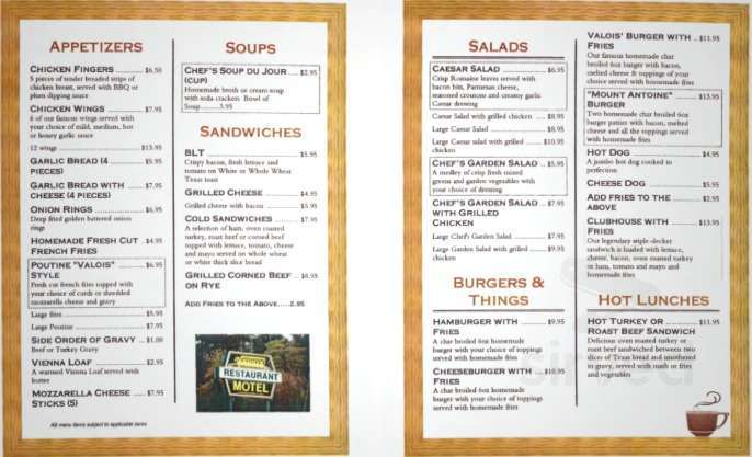 Menu for Valois' Motel & Restaurant in Mattawa, ON | Sirved