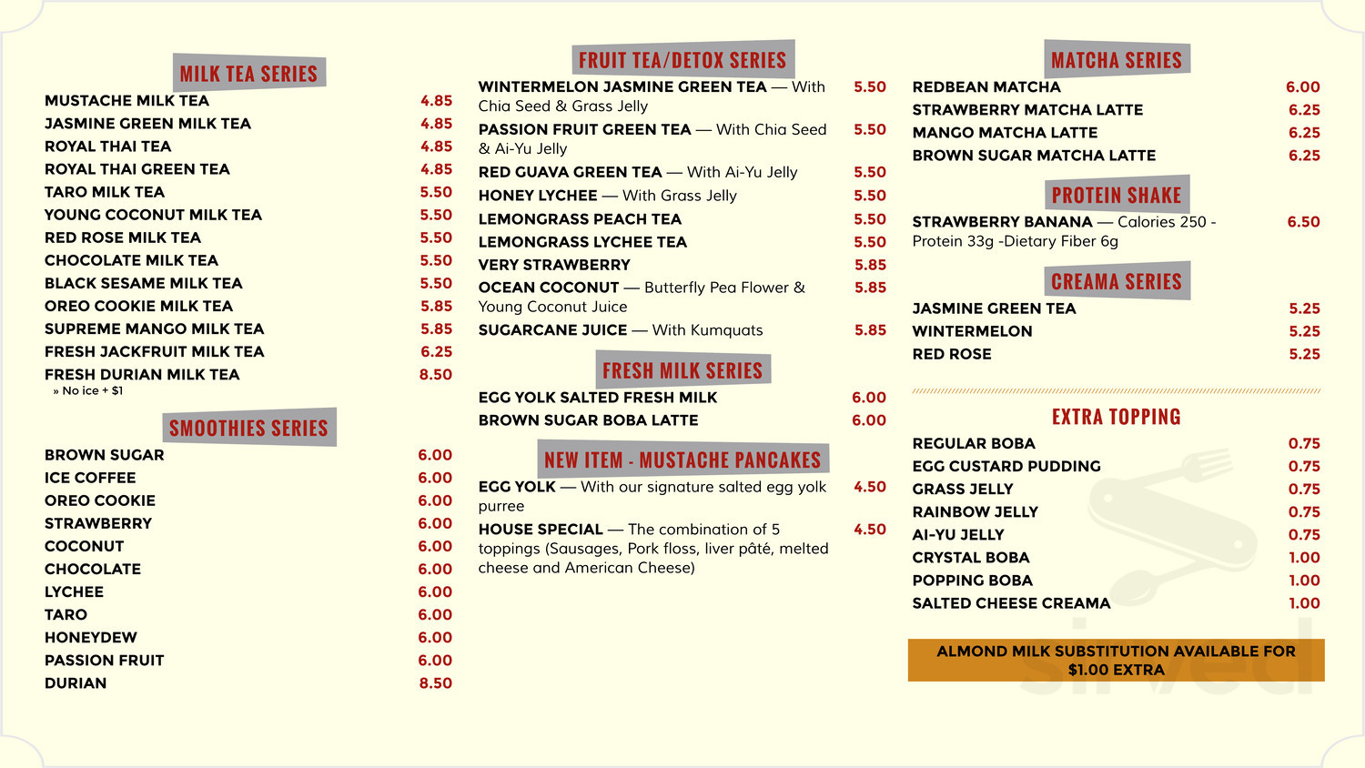 Mustache MilkTea menu in Lynnwood, Washington, USA