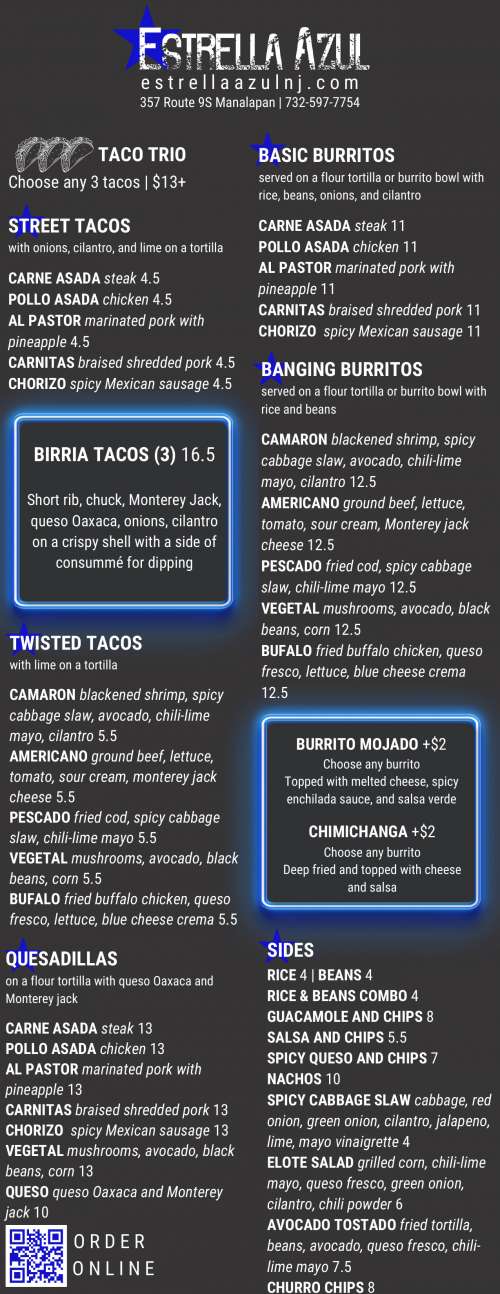 Estrella Azul menu in Manalapan Township, New Jersey, USA