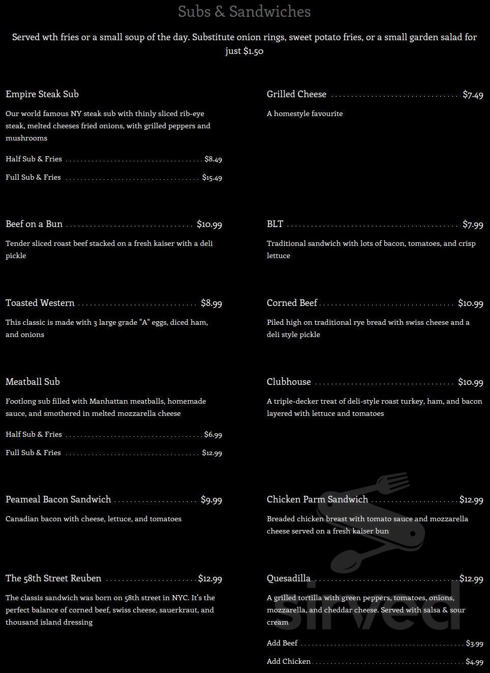 Manhattan Bar & Grill menu in St. Catharines, Ontario, Canada