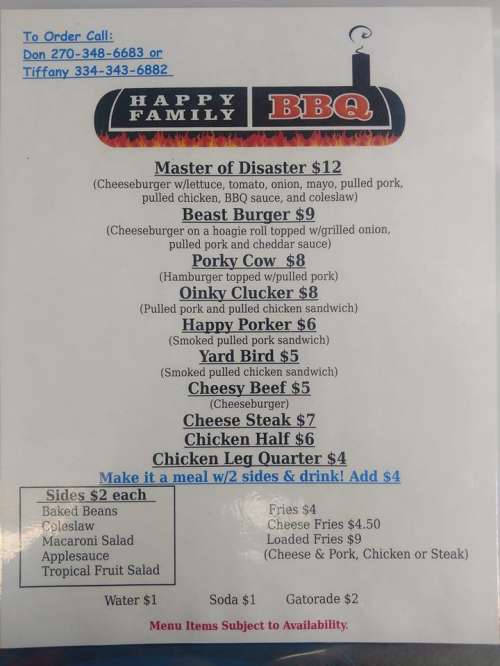 Happy Family BBQ menu in Pensacola, Florida, USA