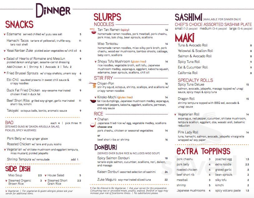 Slurping Turtle menu in Columbus, Ohio, USA