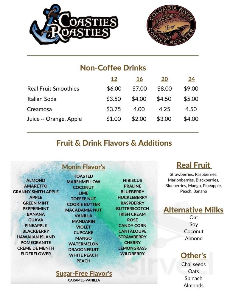 Coasties Roasties menu in Newport, Oregon, USA
