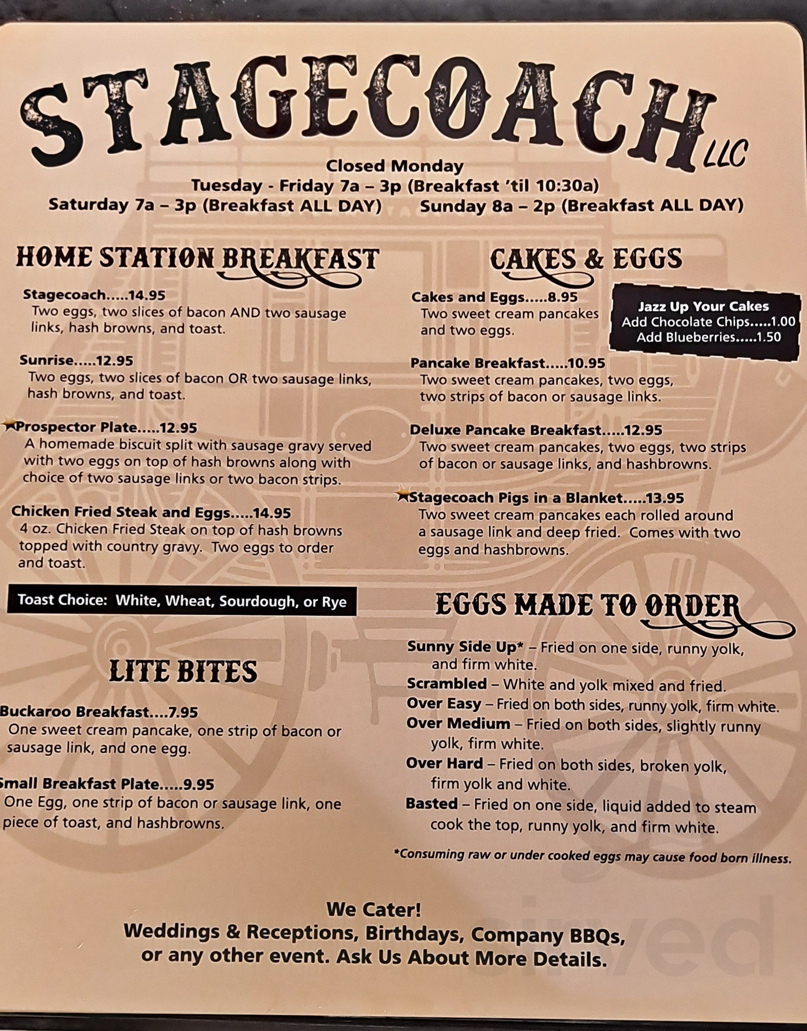 Stagecoach menu in Gillette, Wyoming, USA