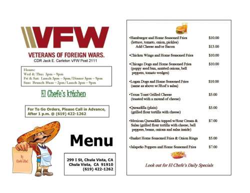 VFW Post 2111 menu in Chula Vista, California, USA