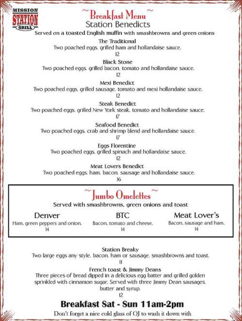 Mission Station Grill menu in Mission, British Columbia, Canada