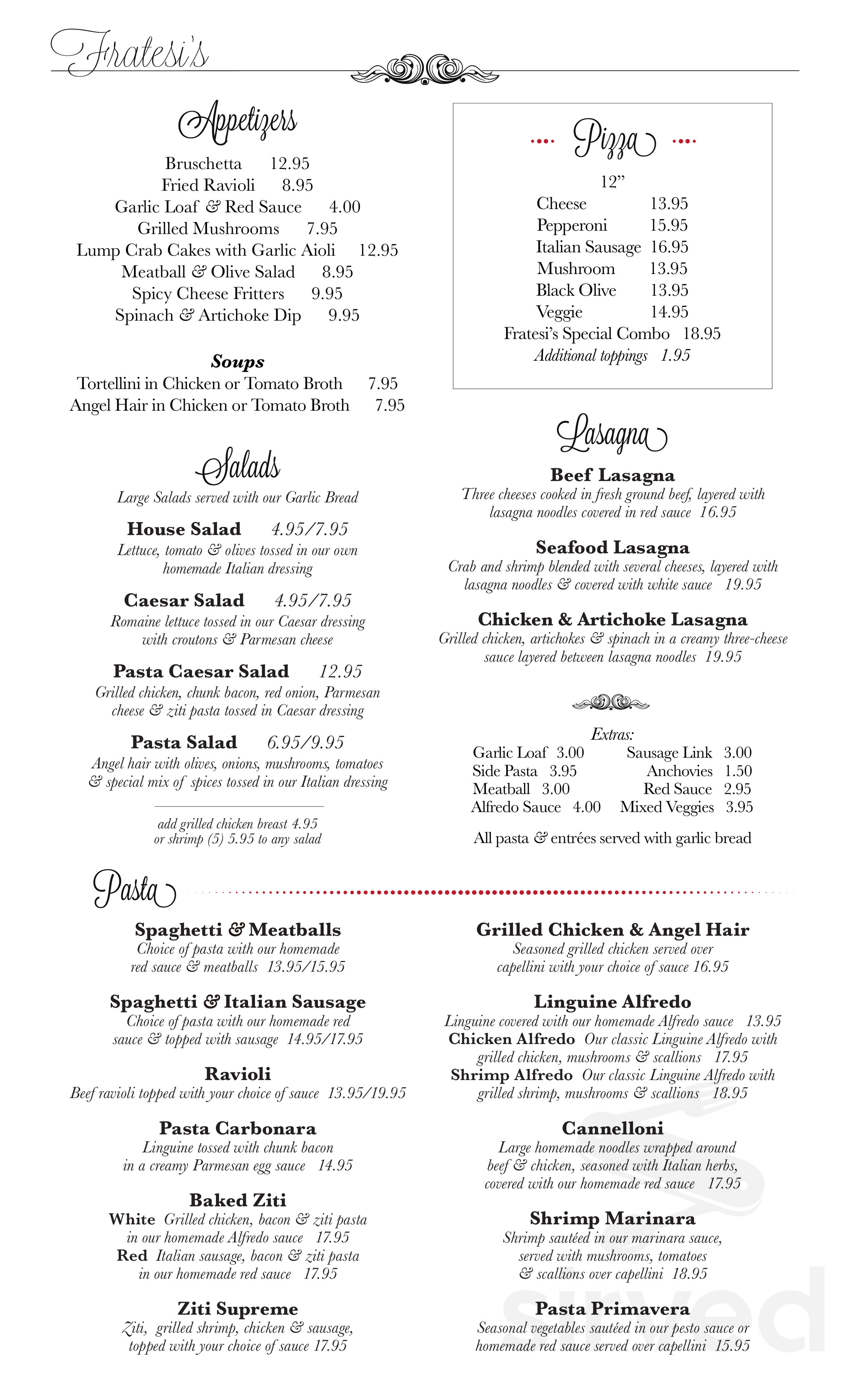 Fratesi's menu in Ridgeland, Mississippi, USA