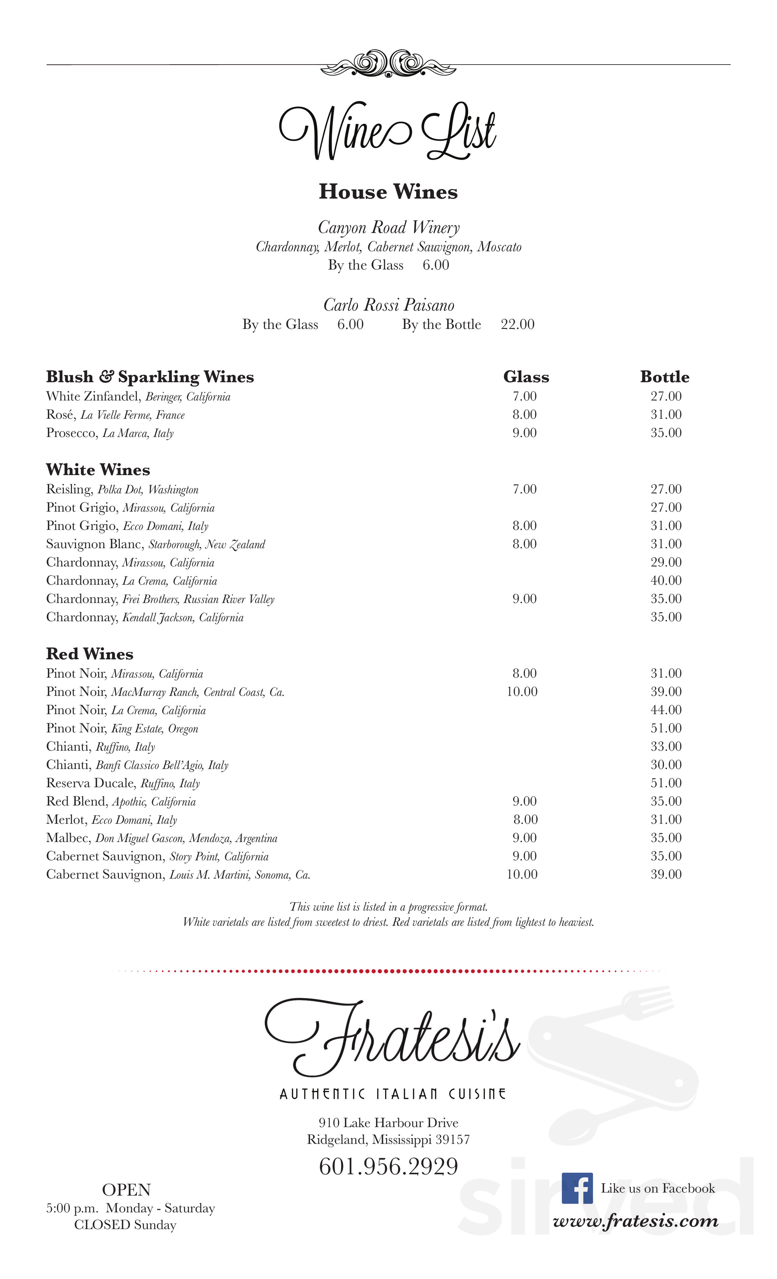 Fratesi's menus in Ridgeland, Mississippi, United States