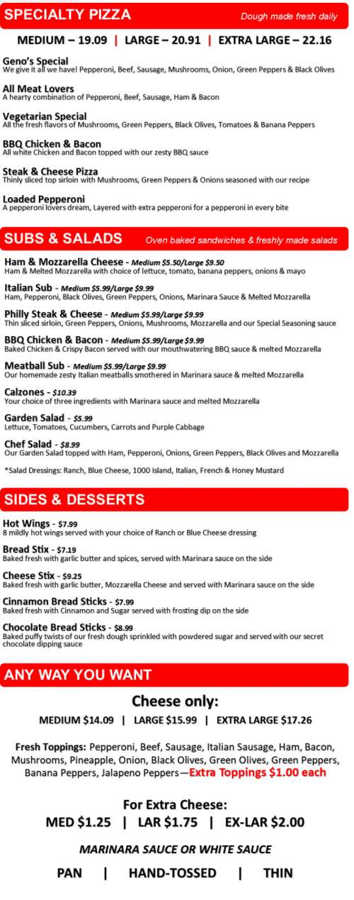 Geno's Pizza menu in Pigeon Forge, Tennessee, USA