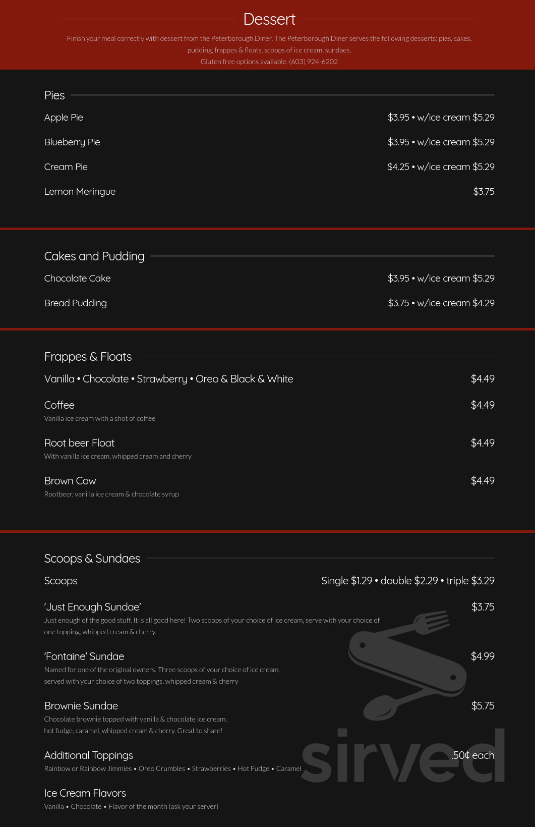 Peterborough Diner menu in Peterborough, New Hampshire, USA