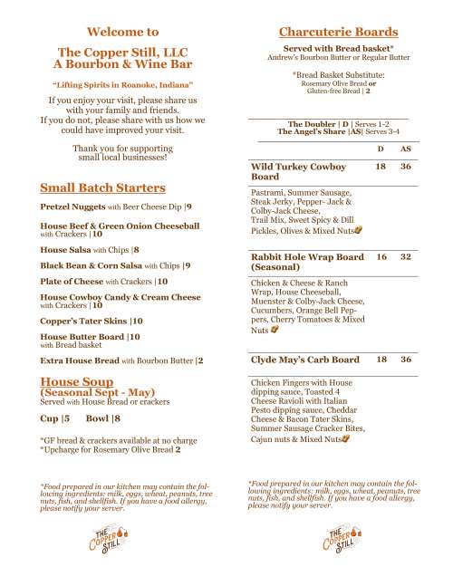 Copper Still menu in Roanoke, Indiana, USA