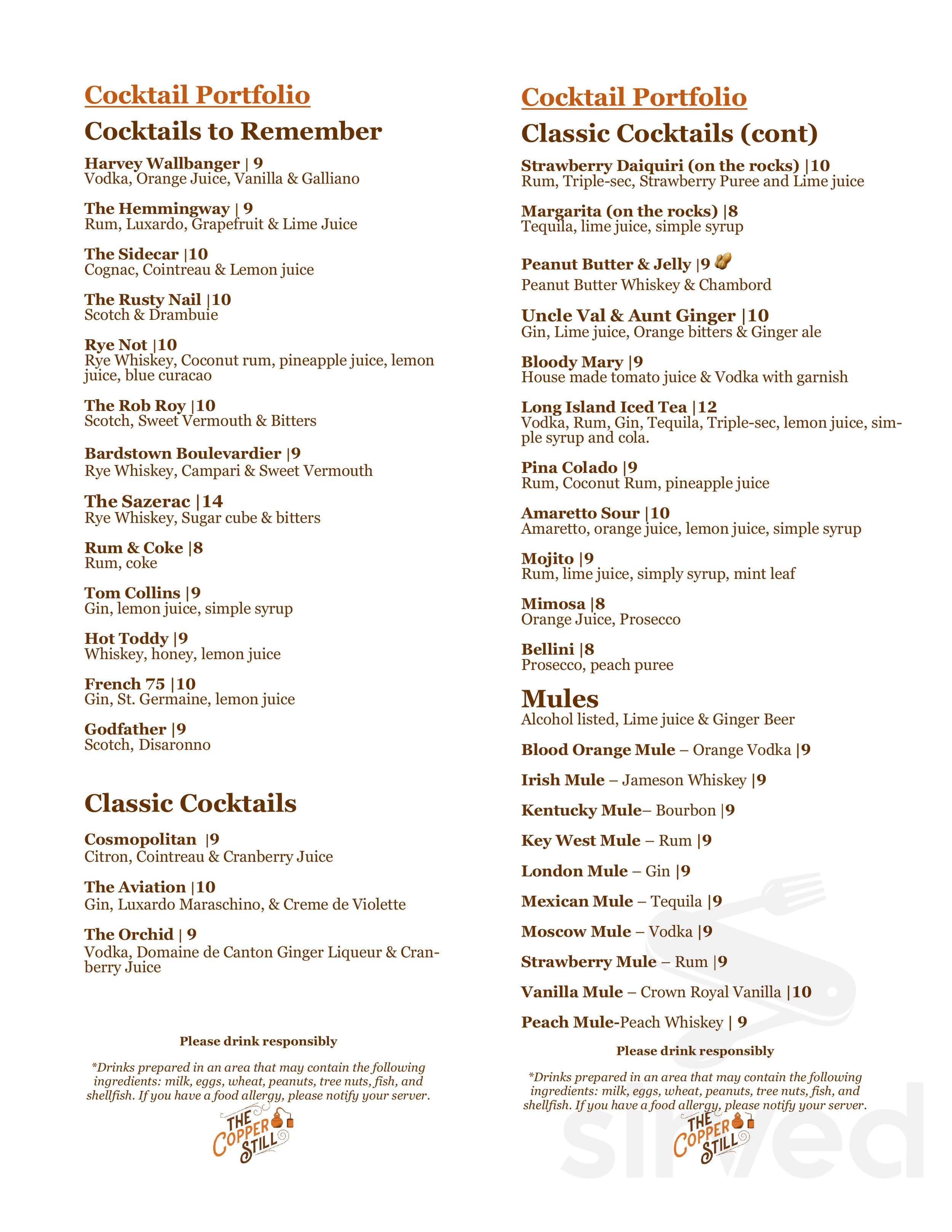 Copper Still menu in Roanoke, Indiana, USA