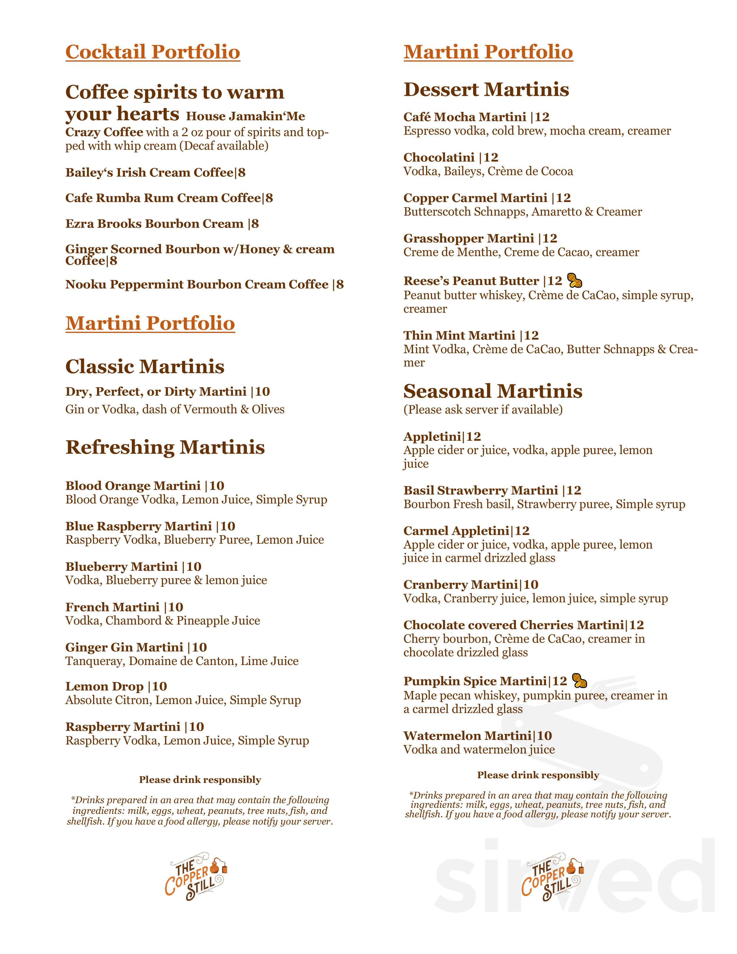 Copper Still menu in Roanoke, Indiana, USA