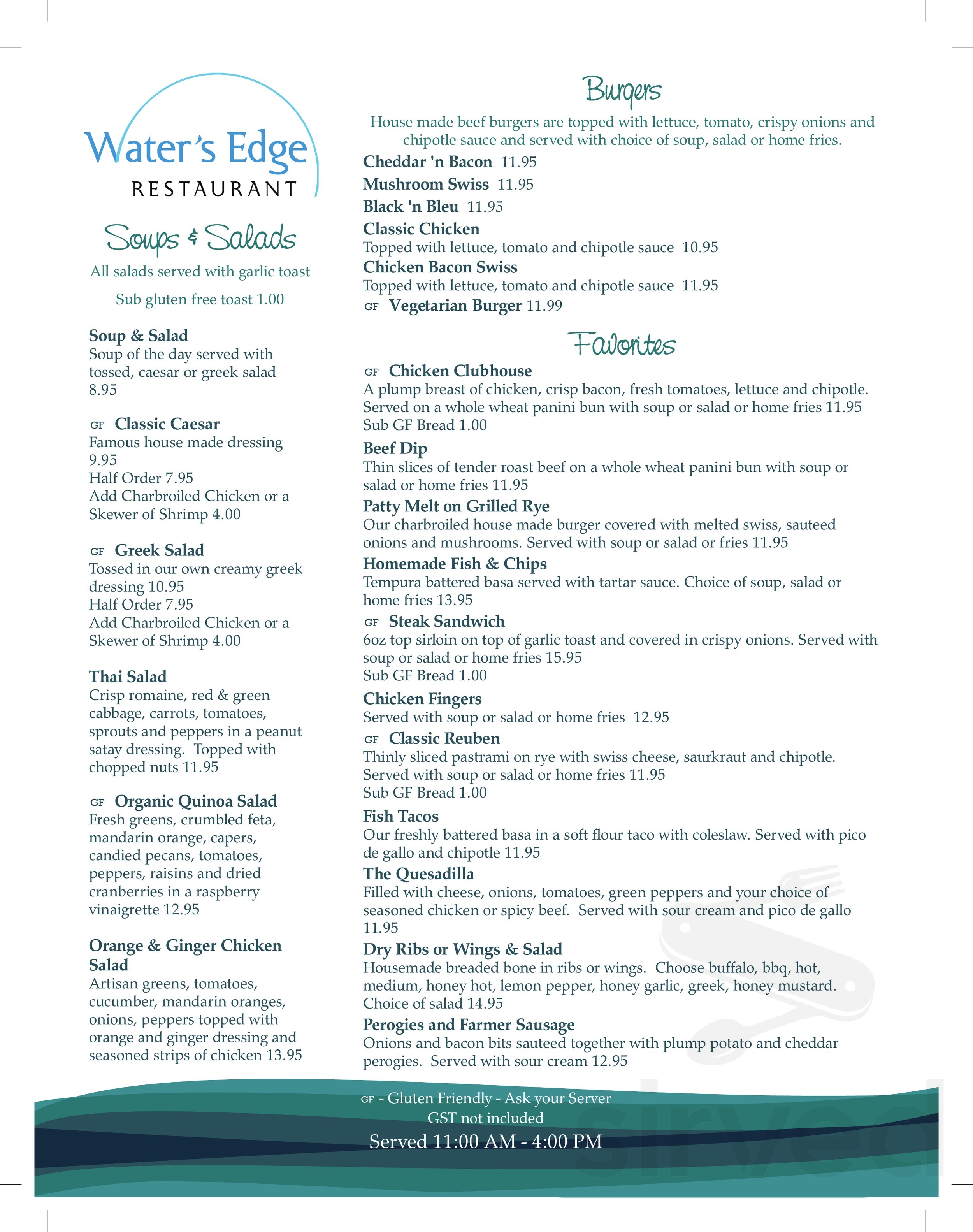 Water's Edge Restaurant and Lounge menu in Manitou Beach, Saskatchewan ...