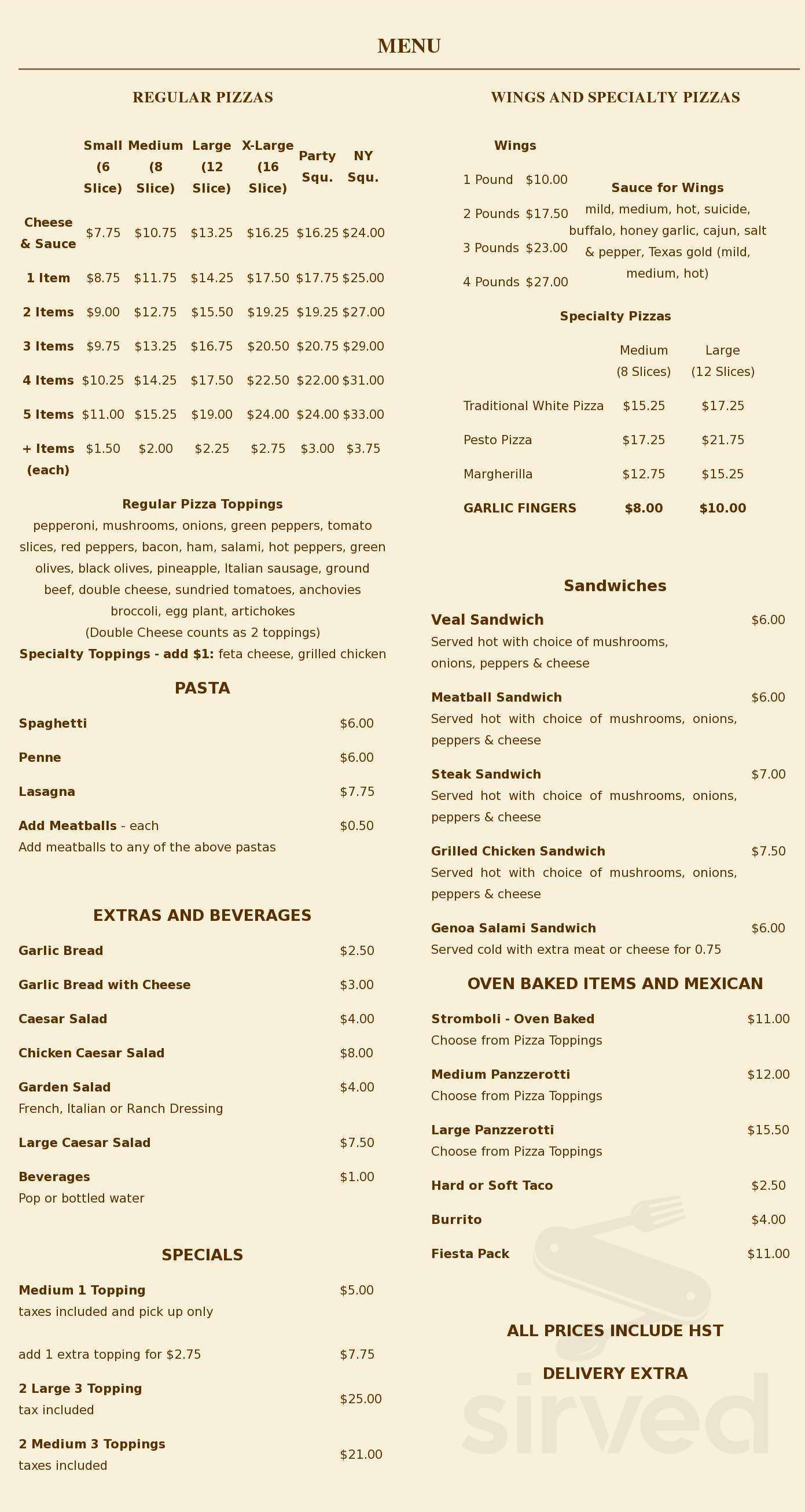 Menu for Stromboli's Brick Oven Pizza in Brantford, ON | Sirved