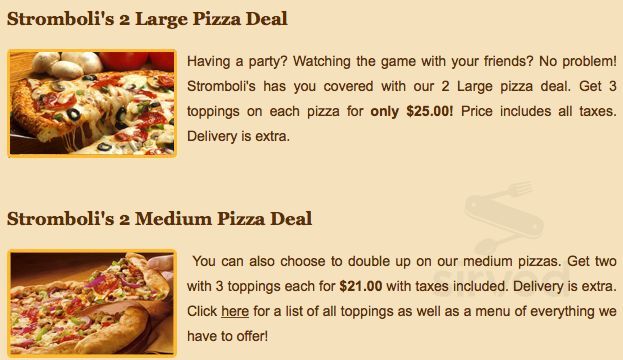 Menu for Stromboli's Brick Oven Pizza in Brantford, ON | Sirved