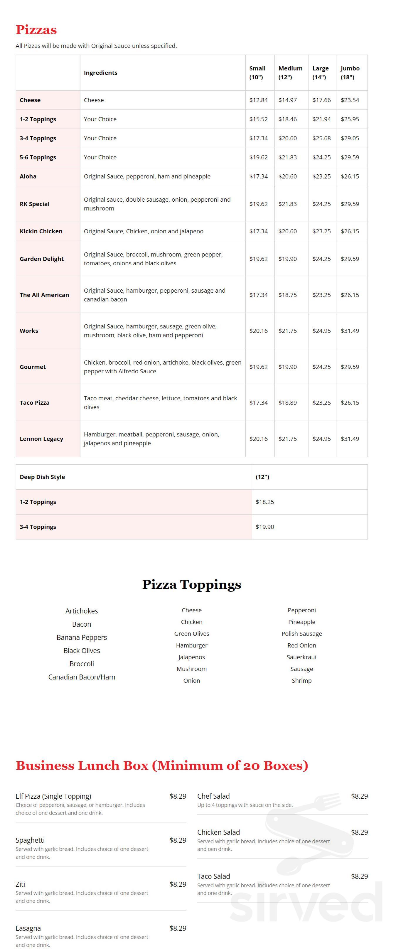 El Fredo Pizza menu in Sioux City, Iowa, USA