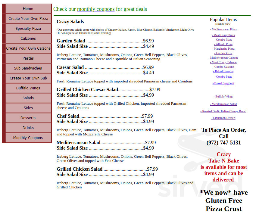 Crazy Tomato Pizza Pasta Calzones menus in Allen, Texas, United States