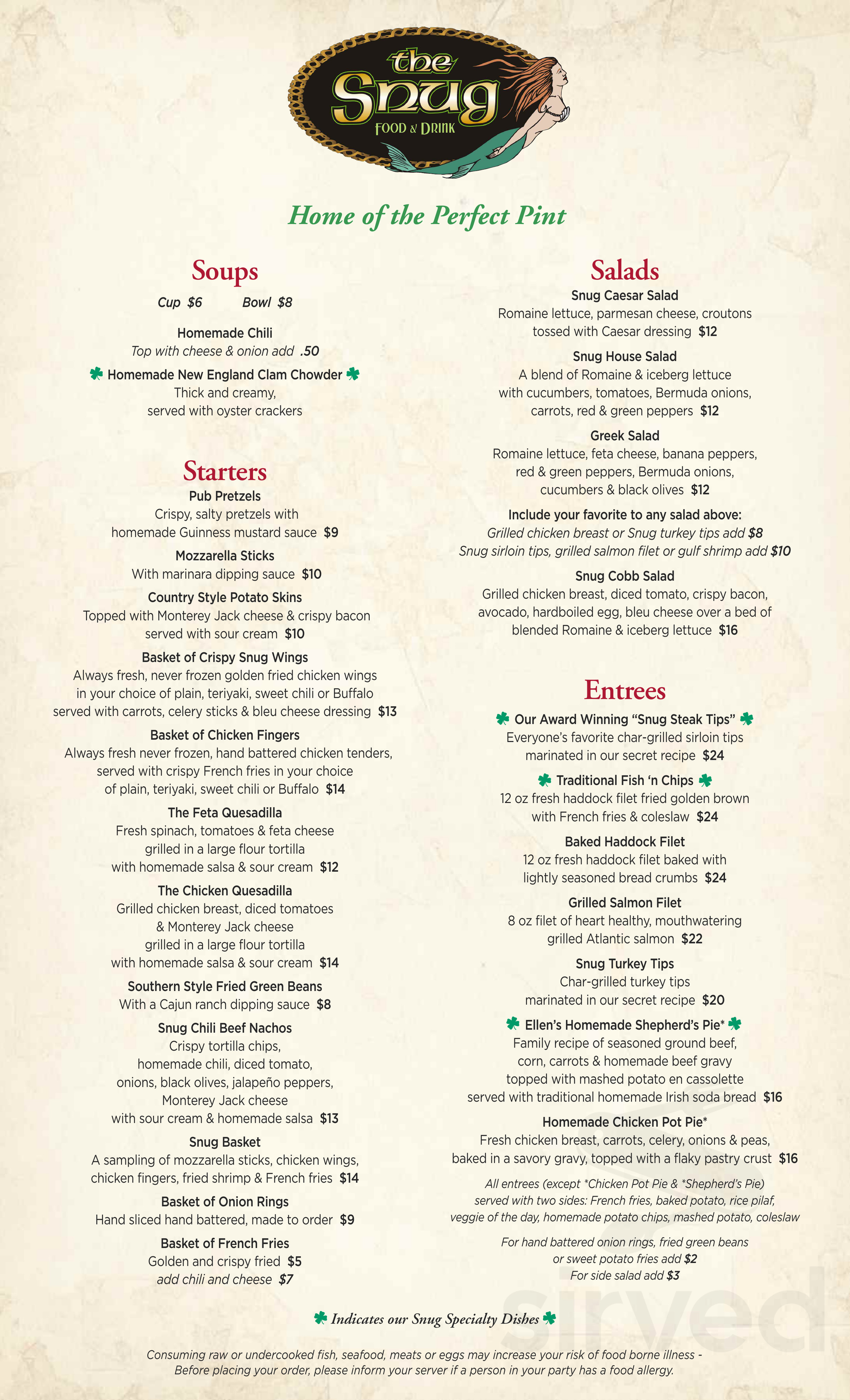 The Snug menu in Hingham, Massachusetts, USA