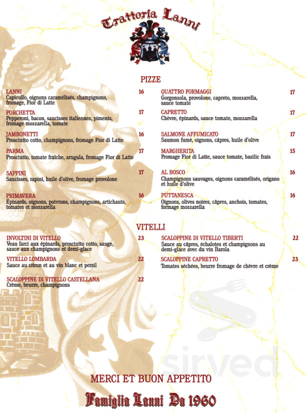 Trattoria Lanni menus in Vaudreuil-Dorion, Quebec, Canada