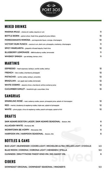 Port 305 menu in Quincy, Massachusetts, USA
