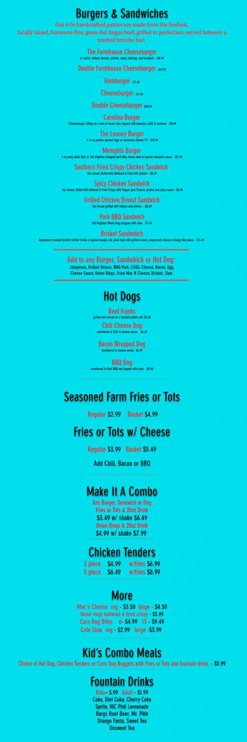 Farmer's Table menu in Smithfield, Virginia, USA