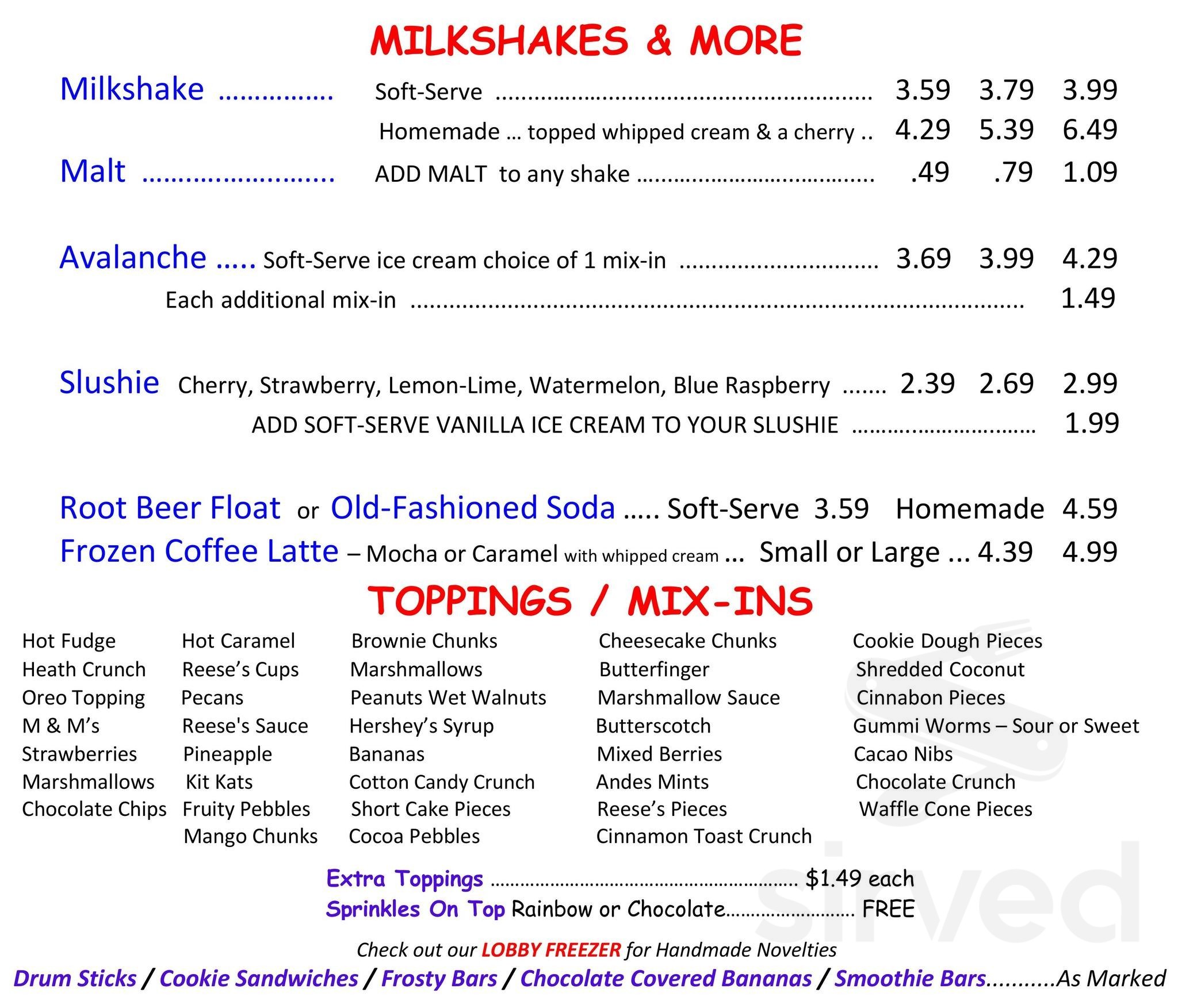 Frosty King menu in Edgewater, Florida, USA