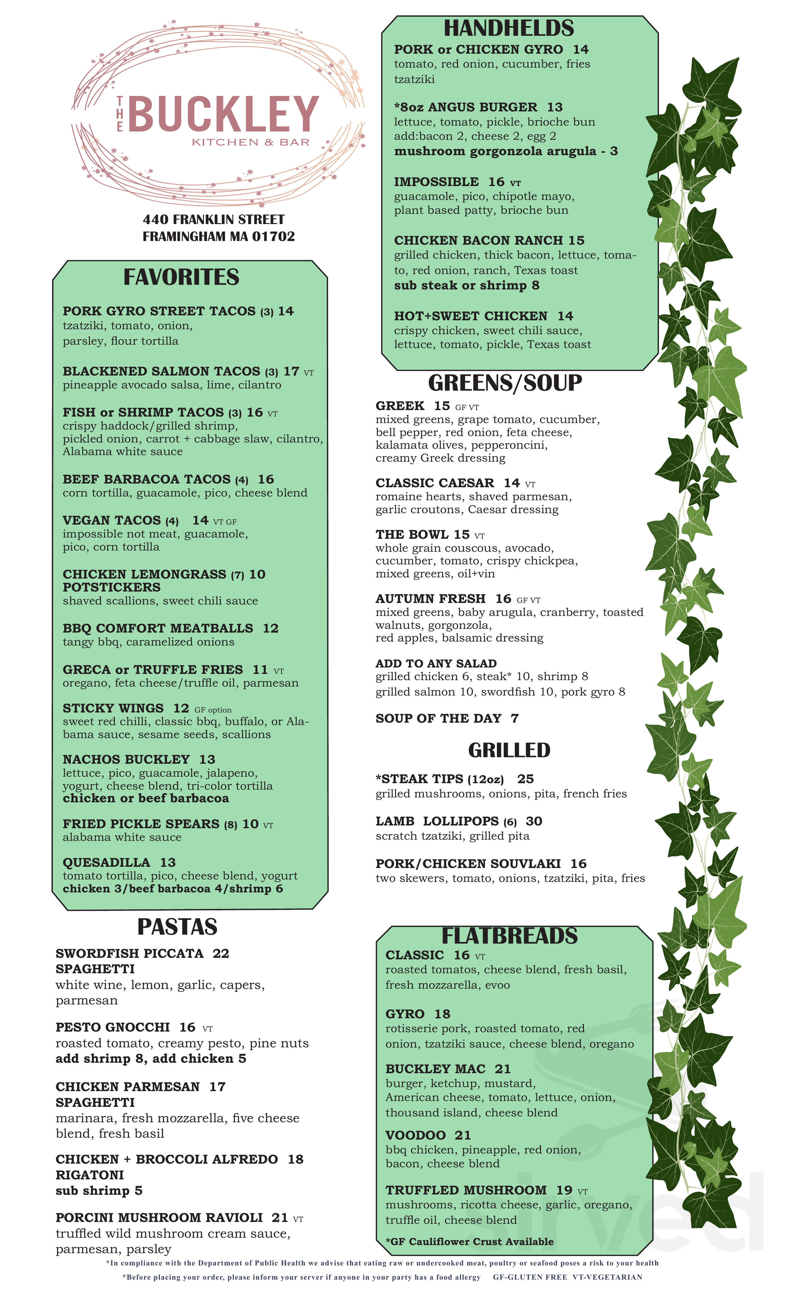 The Buckley Kitchen & Bar menu in Framingham, Massachusetts, USA